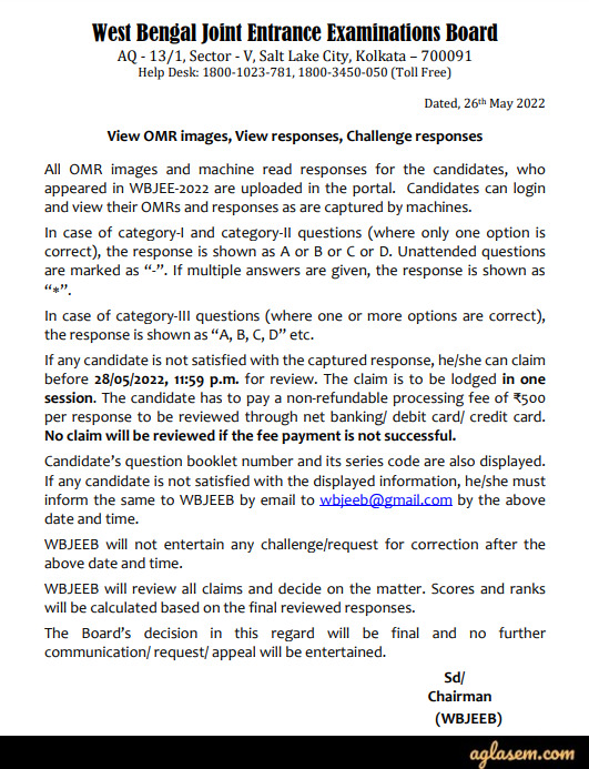 WBJEE 2022 OMR Sheet and Recorded Response (Out) - Check Here